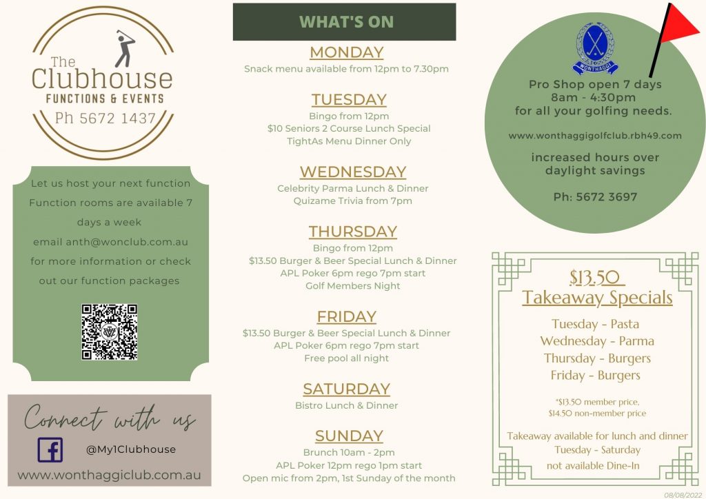 The Clubhouse menu - The Wonthaggi Club