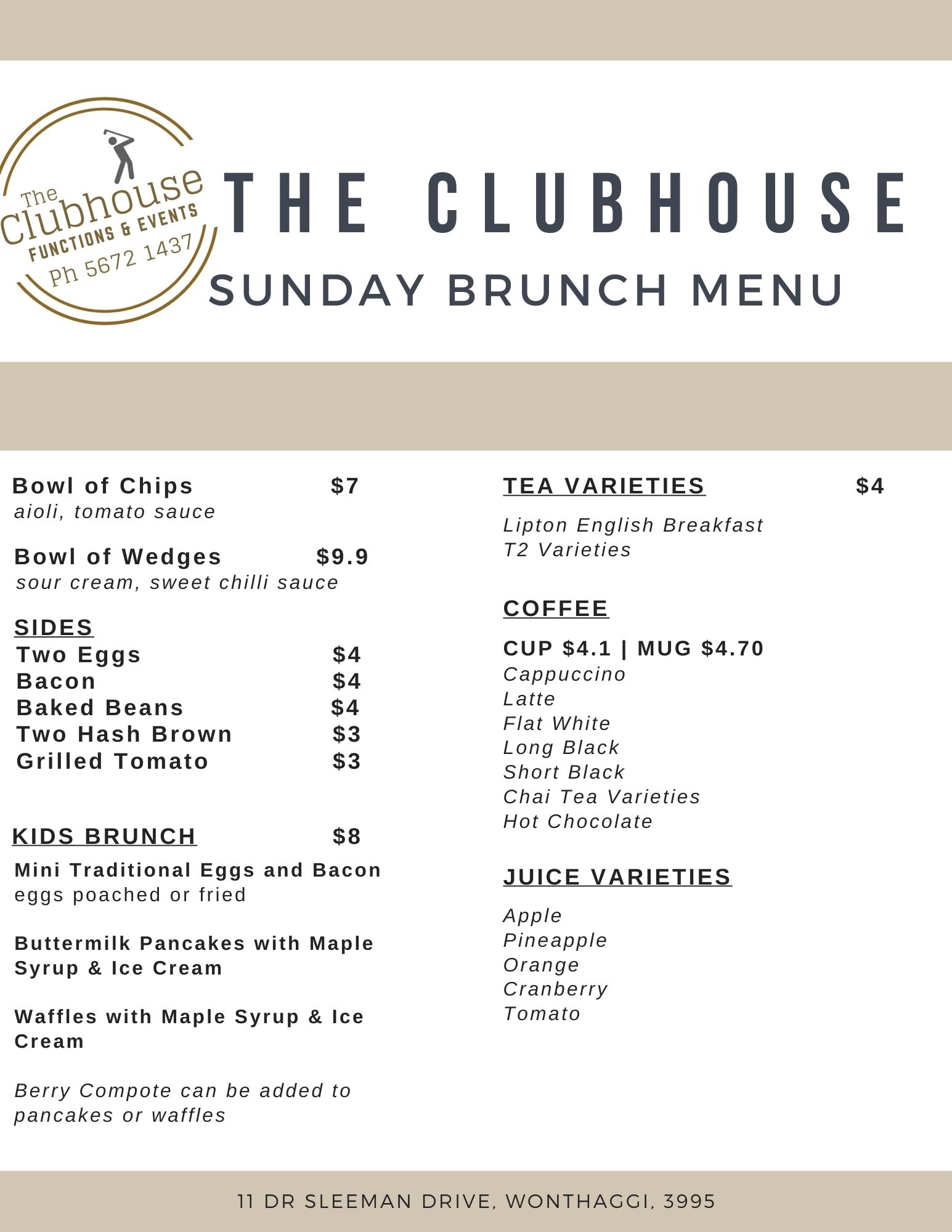The Clubhouse menu - The Wonthaggi Club