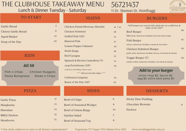 The Clubhouse menu - The Wonthaggi Club