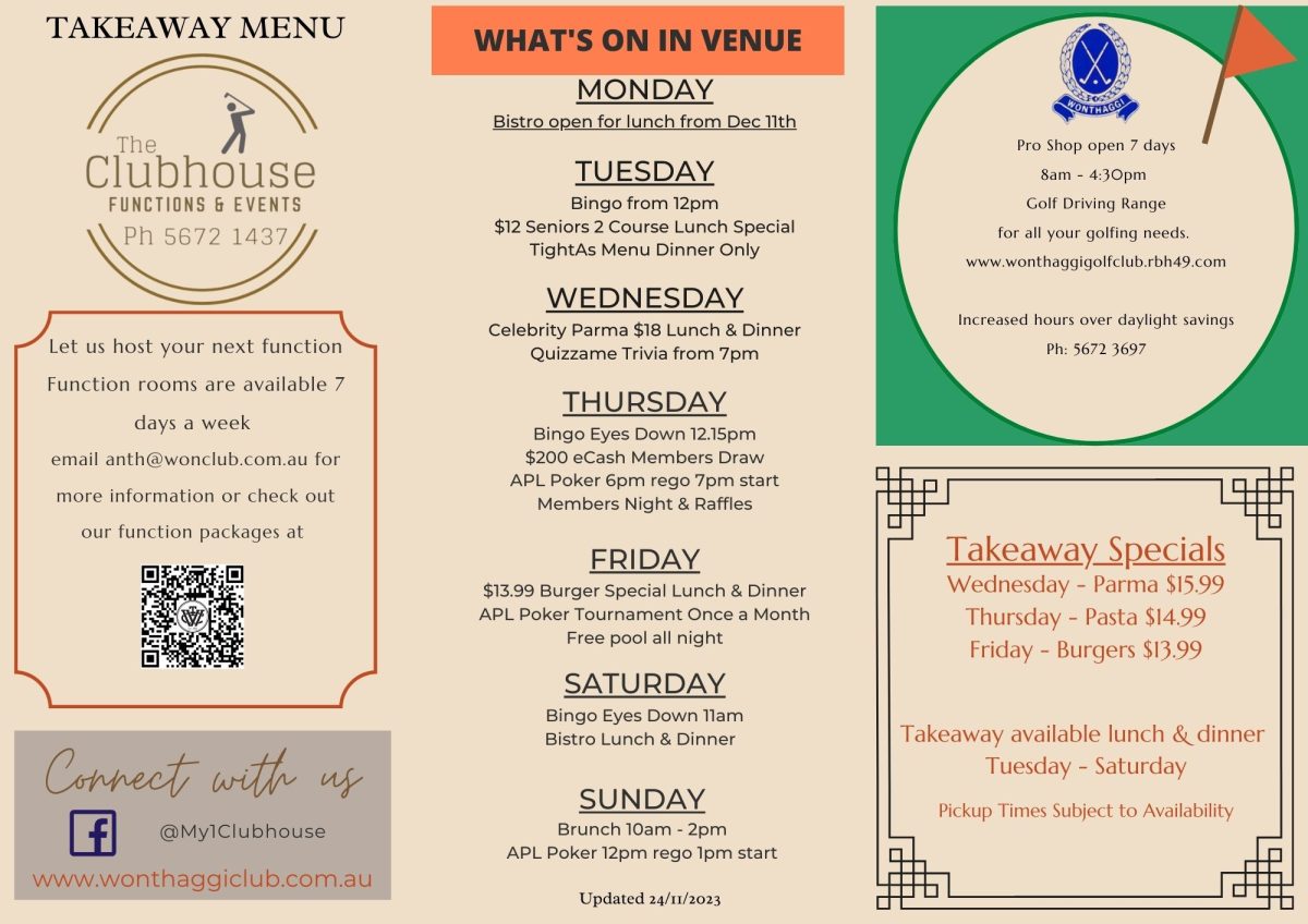 The Clubhouse menu - The Wonthaggi Club