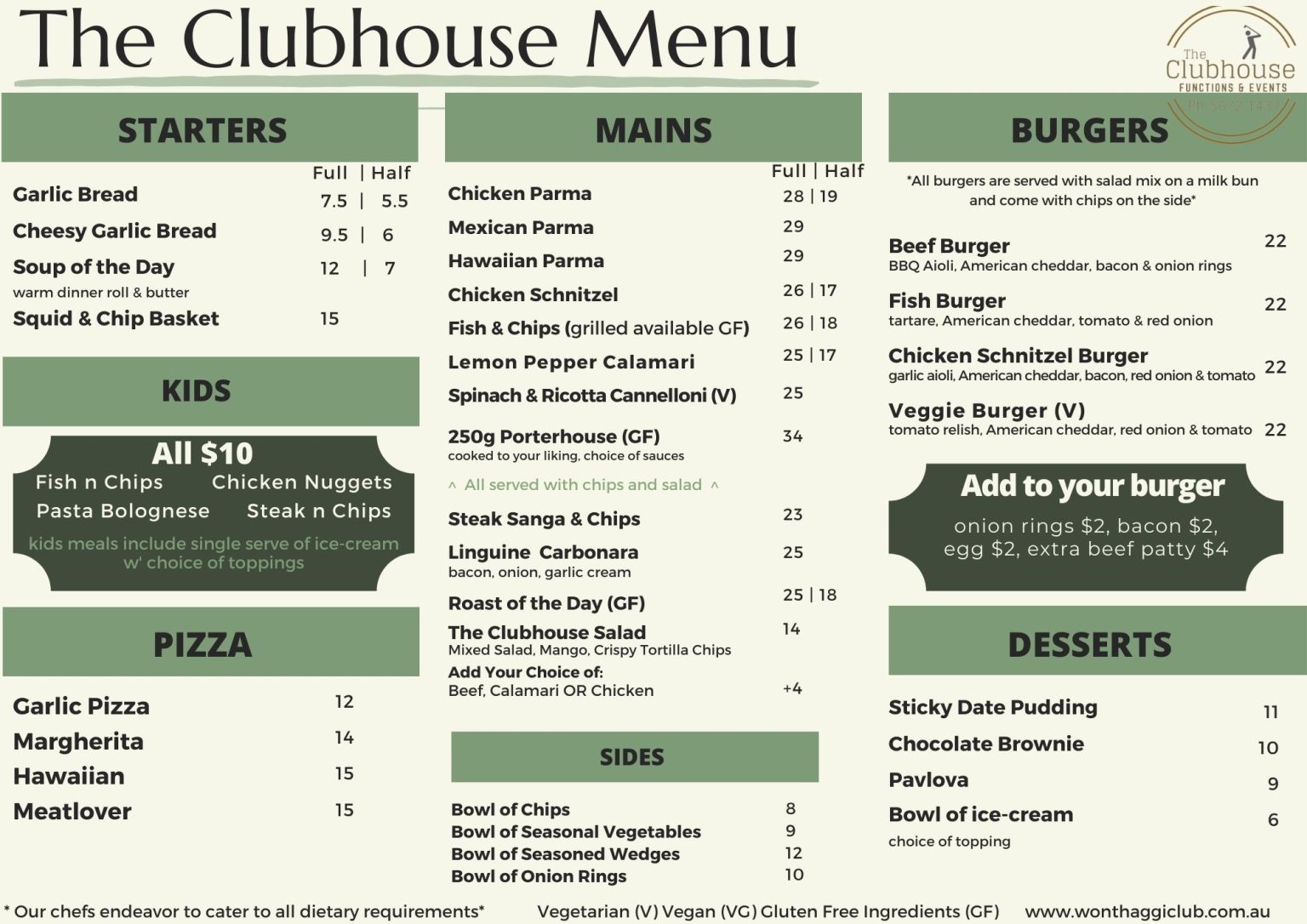 The Clubhouse menu - The Wonthaggi Club